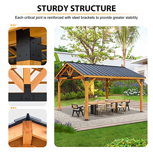 U-MAX Wooden Gazebo 14.5x11ft for Outdoor BBQ Grill and Relaxation, Sturdy Brown Permanent Pavilion for Patios, Gardens, and Lawns