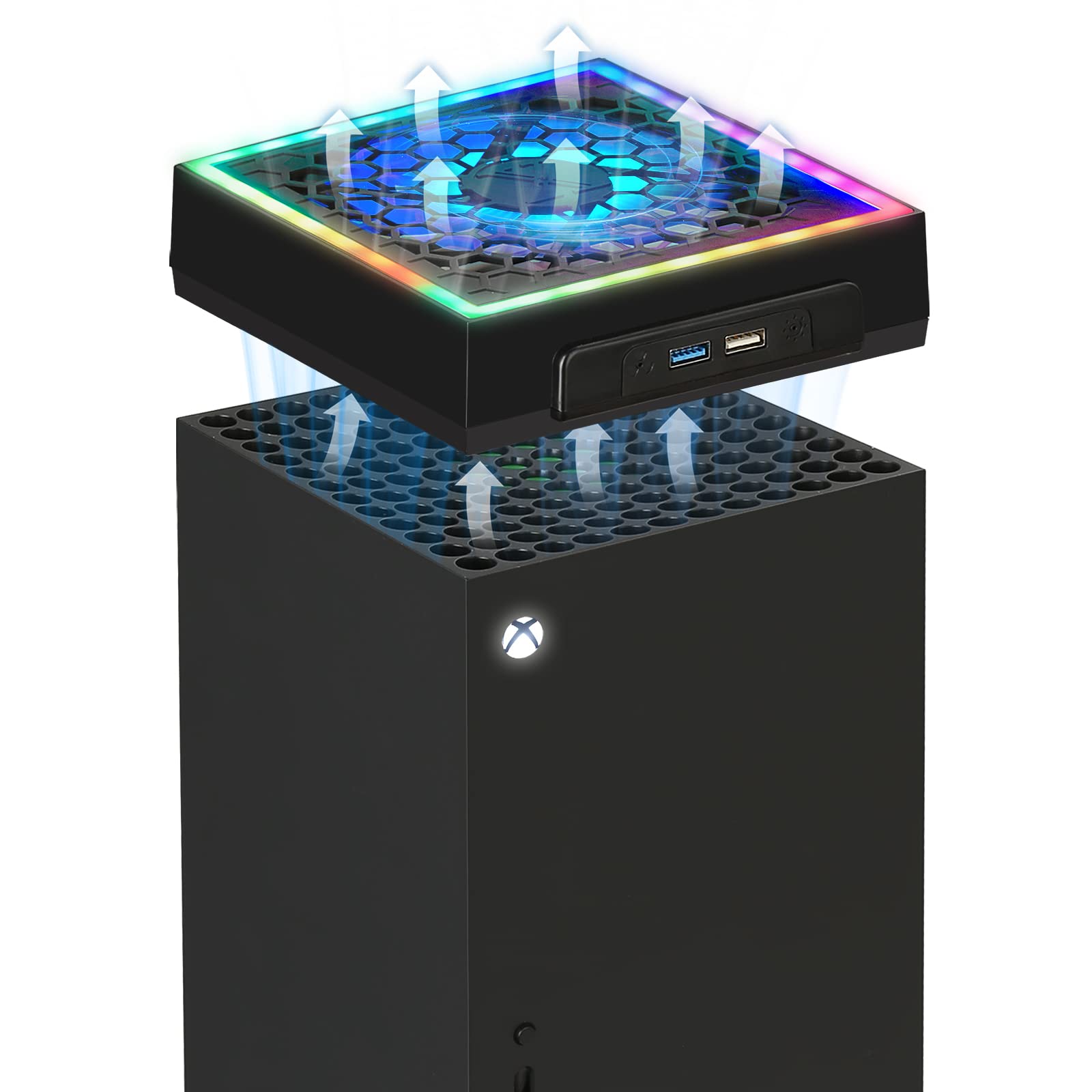 Raryars Cooling Fan for Xbox Series X with RGB and Upgraded 5 Inches Big Fan Low Noise Top Fan Adjustable Speed Cooler Fan System Extra 2 USB Port & Touch Switch