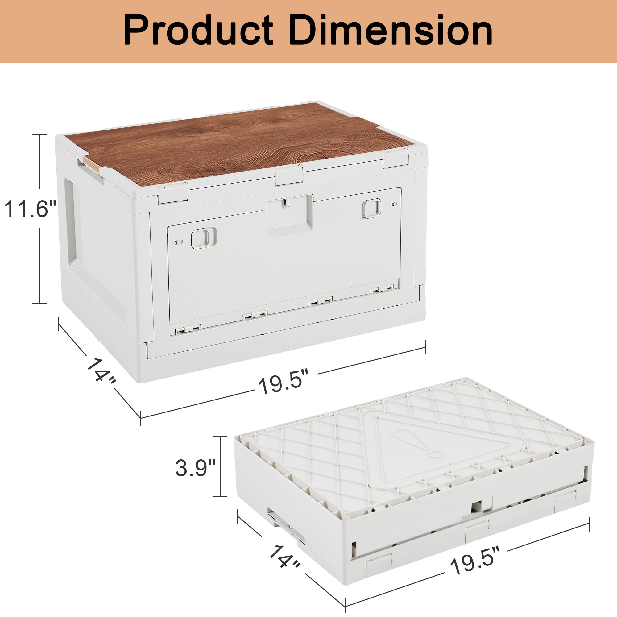VECELO Collapsible Storage Bins with Lids, 55 Qt Large Foldable Plastic Box with Handles, Foldable Folding Camping Box with 2 Side Doors, Portable Storage Box for Camping, Outdoor/indoor, Beige