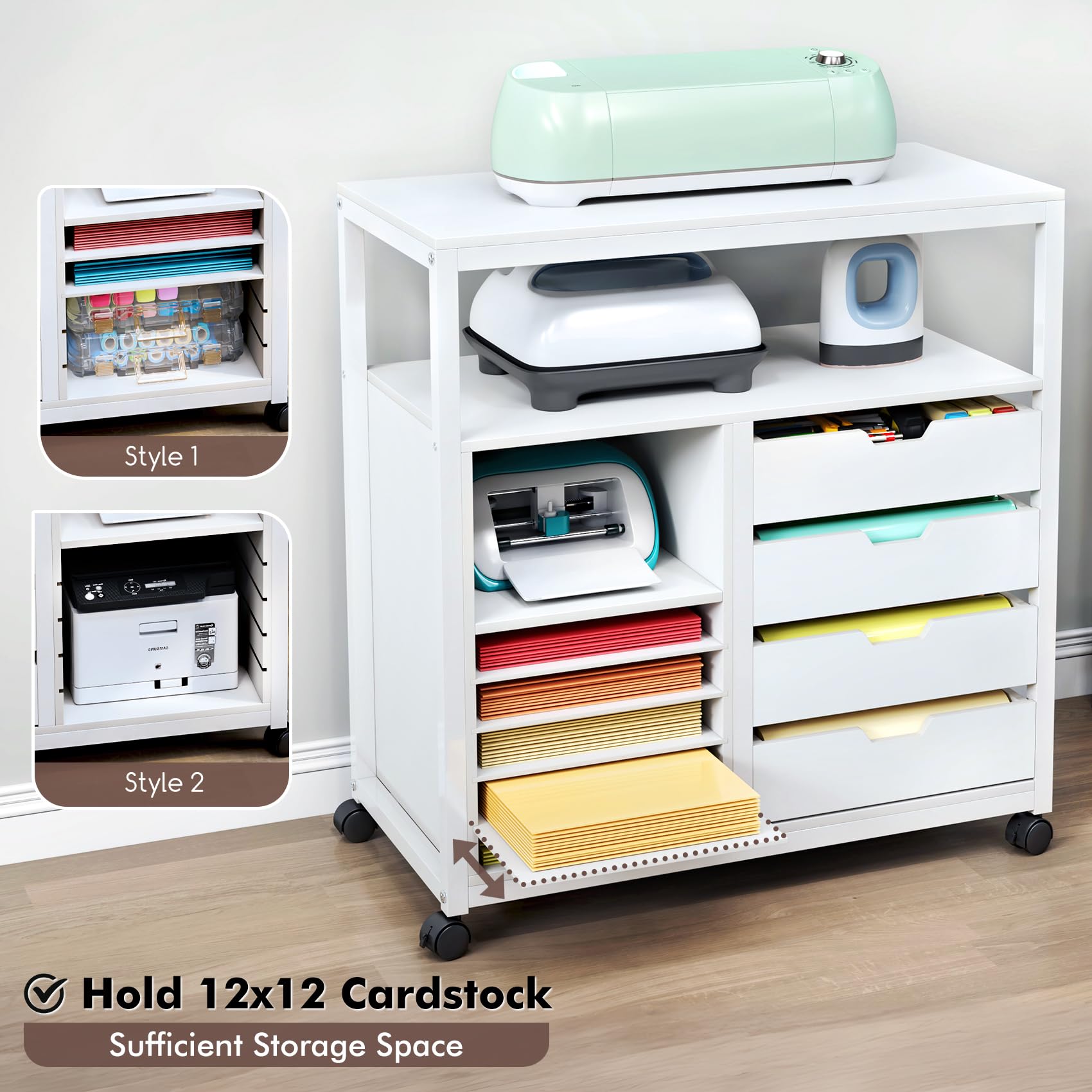 TC-HOMENY Craft Organizer Storage Cart, Rolling Cart Organizer, Vinyl Roll Holder and Cutting Machine Storage Cabinet, Craft Cart with Drawers for Craft Room Organizer 32" W x 16" D x 34" H