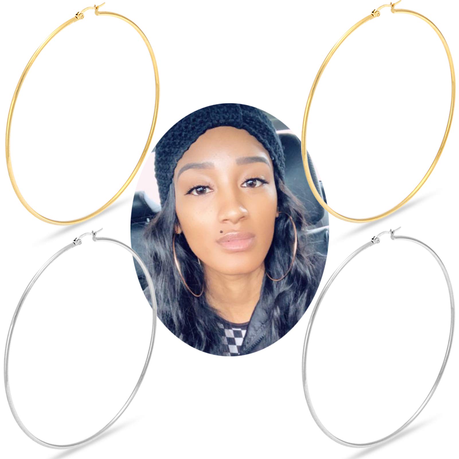 Huge Gold Hoop Earrings for Women - Plated Gold Stainless Steel Hooped Earrings for Women, 70-100mm Large Gold Hoop Earrings