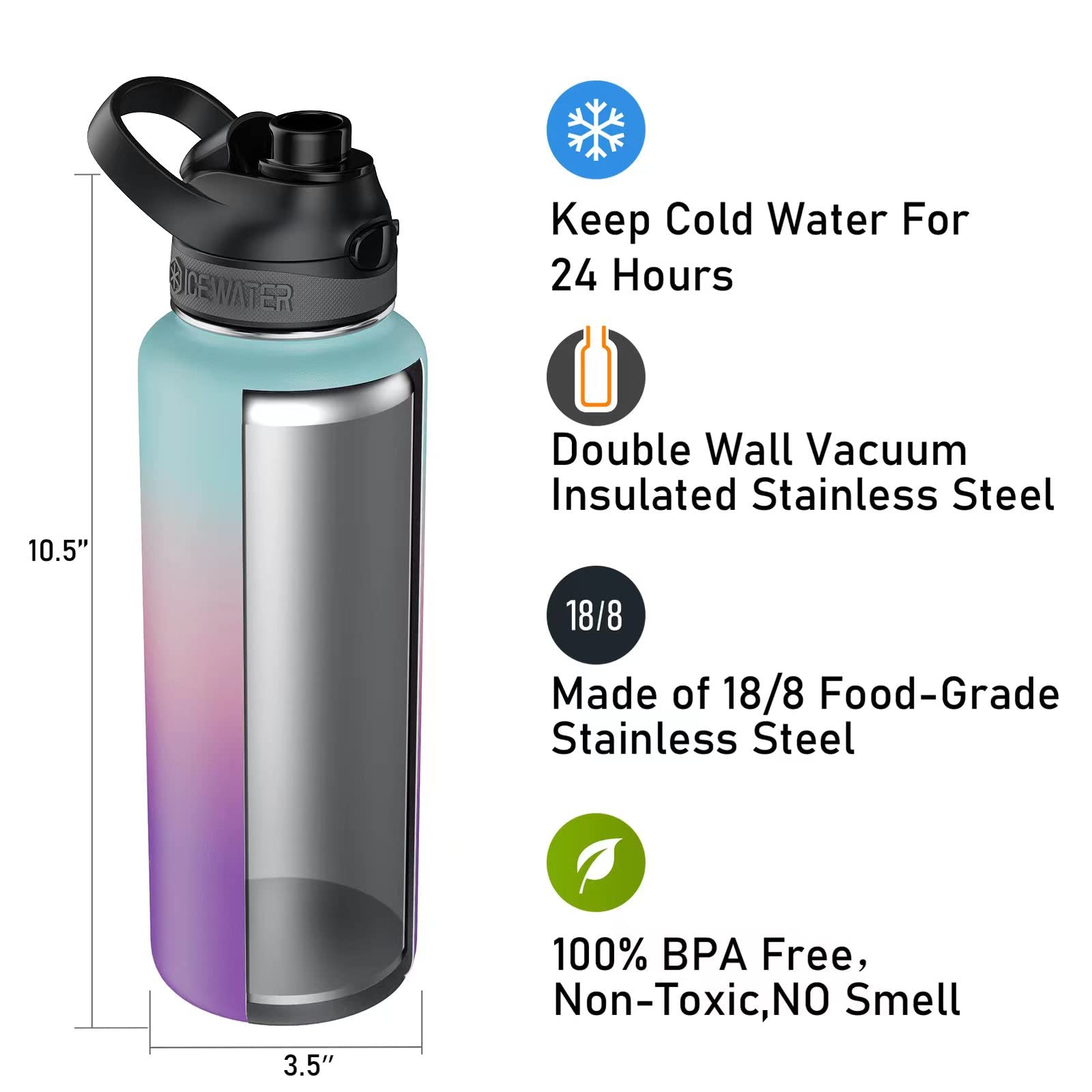 ICEWATER-40 oz, Insulated Water Bottle With Spout Lid and Carry Handle, Leakproof Lockable Lid, One-hand Operation, Double Walled Vacuum Stainless Steel BPA-Free (40 oz, Purple)