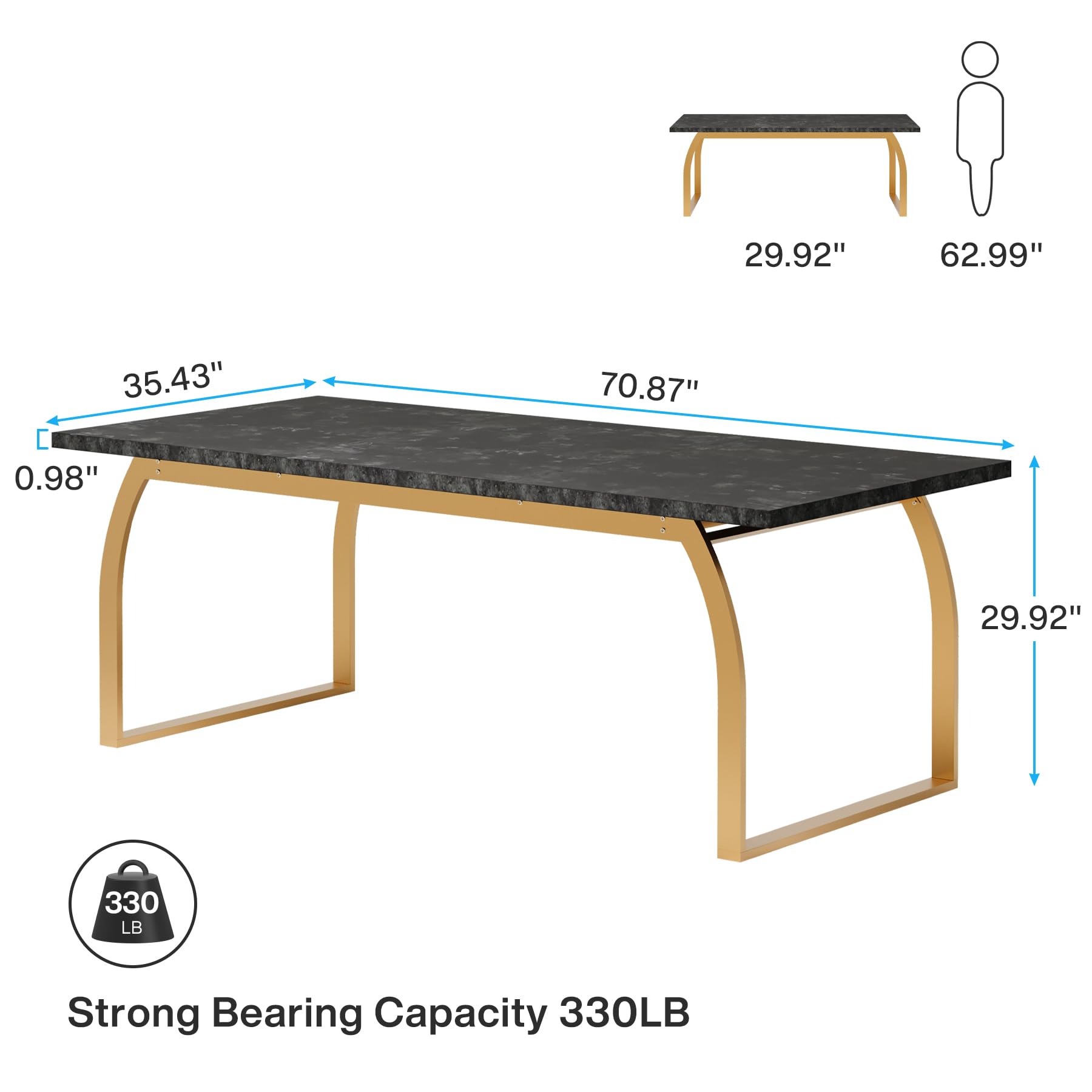 Tribesigns Modern Black Office Desk: 70.87 Inches Computer Executive Desk with Gold Metal Legs, Faux Marble Large Study Writing Table, Simple Desk for Home Office