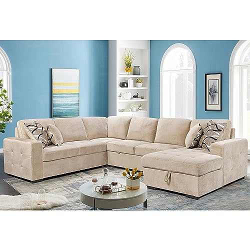 THSUPER Sectional Sleeper Sofa with Pull Out Bed and Storage Chaise, U Shape Sectional Sofa Bed, OversizedĀ SectionalĀ SleeperĀ Couch for Living Room Beige