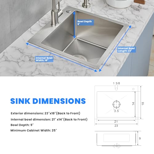 POPFLY 23 Inch Kitchen Sink,18 Gauge Drop In Bar Prep Small Sink, Top mount 304 Stainless Steel Single Bowl Deep Sink,Brushed(23x18x9)