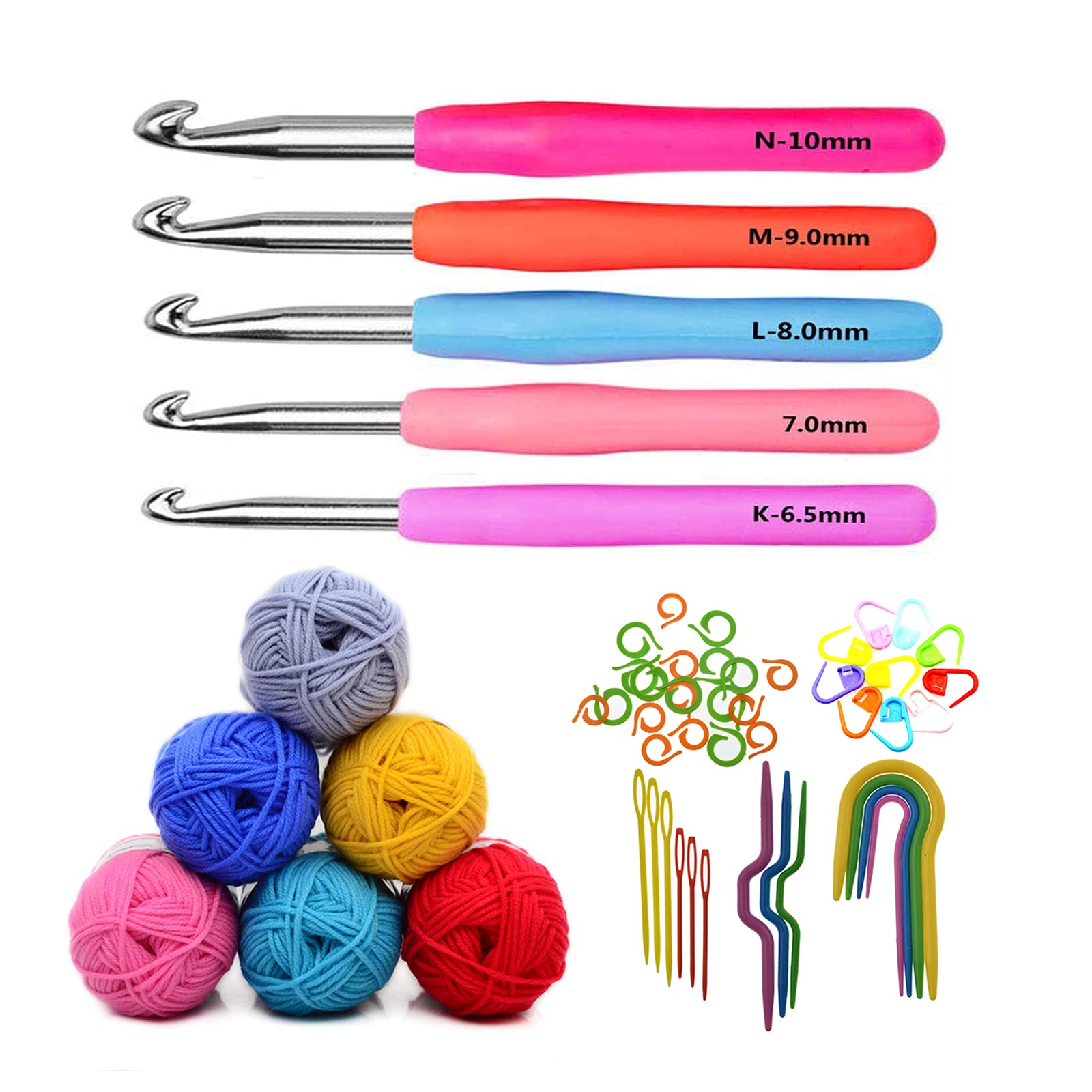 Katech Crochet Hooks Yarn Kit Includes 5 pcs Crochet Hooks and 6 pcs Random Colors Yarn Skeins, Ergonomic Crochet Needle Yarn Set for Making Socks, Scarf, SweaterL8