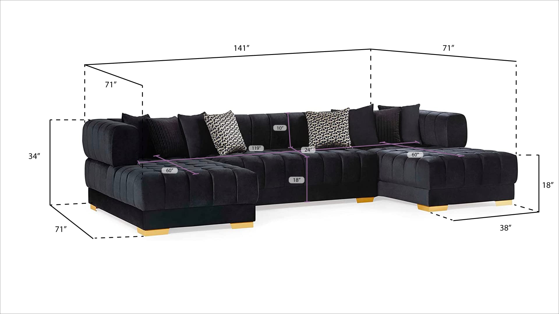 STAFFORA Sectional Sofa, Double Chaise Oversized U Shaped Couch, Ariana 7 Seater Velvet Sofa for Living Room (Blue)