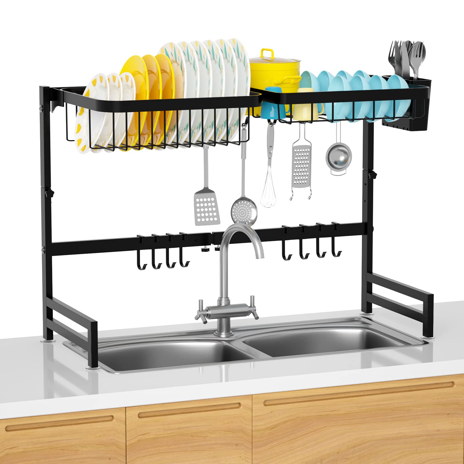 MERRYBOX Over The Sink Dish Drying Rack, Adjustable Length (25.6-33.5in) and Height Over Sink Dish Rack, Dish Drainer with Cutting Board Holder, for Kitchen Sink Counter Organizer Space Saver