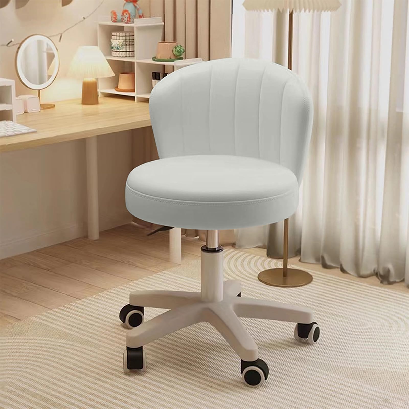 Small Chair Round Rolling Stool with Back PU Leather Height Adjustable Swivel Drafting Work SPA Salon Stools Home Office Chair with Wheels (White, 13.8 * 2 * 9.8)