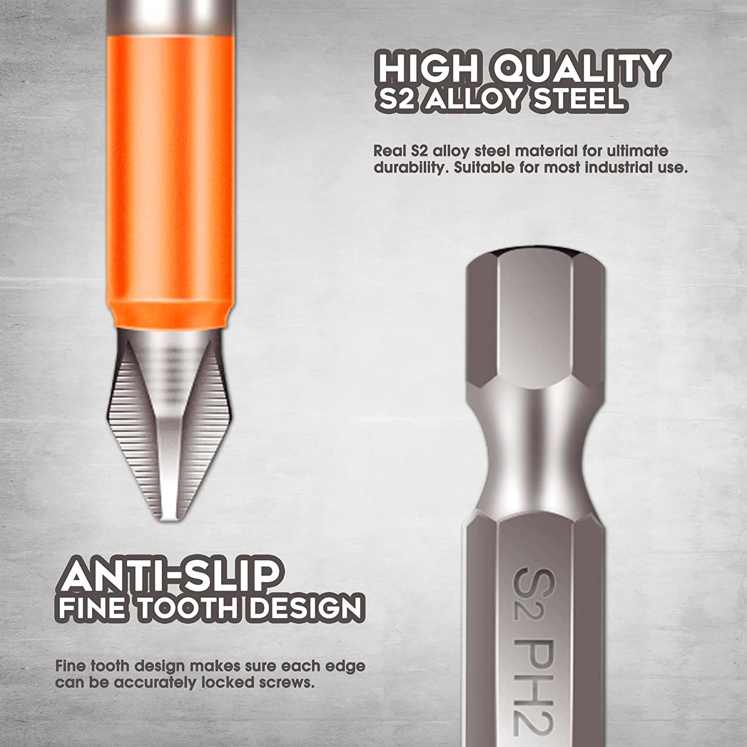 OnYolk 10-Piece Phillips Magnetic Screwdriver Bit Set, S2 Alloy Steel Anti-Slip Long Drill Bits, 1/4 Hex Shank, Fine Tooth Design, Strong Magnetism, Size 1"- 5", PH2