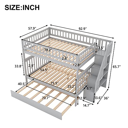 UBGO Full Over Full Bunk Bed with Pull Out Trundle Bed and Storage Stairs, Safety Rails, Full Size Bunk Bed for Kids Teens Adults, Space Saving, Easy to Assemble, Grey