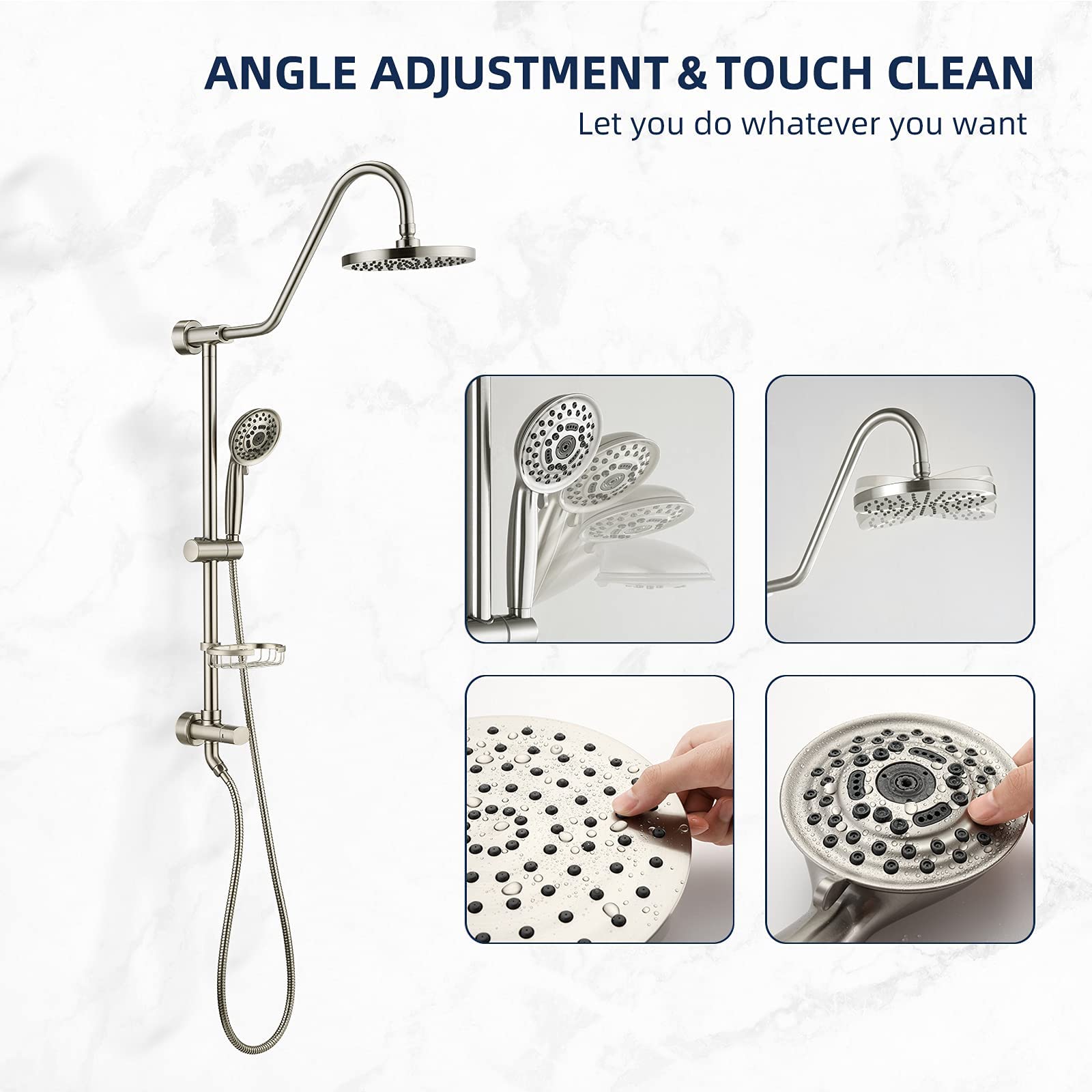 Shower System with 8" Rain Shower Head, 5-Function Shower Head with Handheld, Adjustable Slide Bar, 59" Stainless Steel Hose, Brushed Nickel