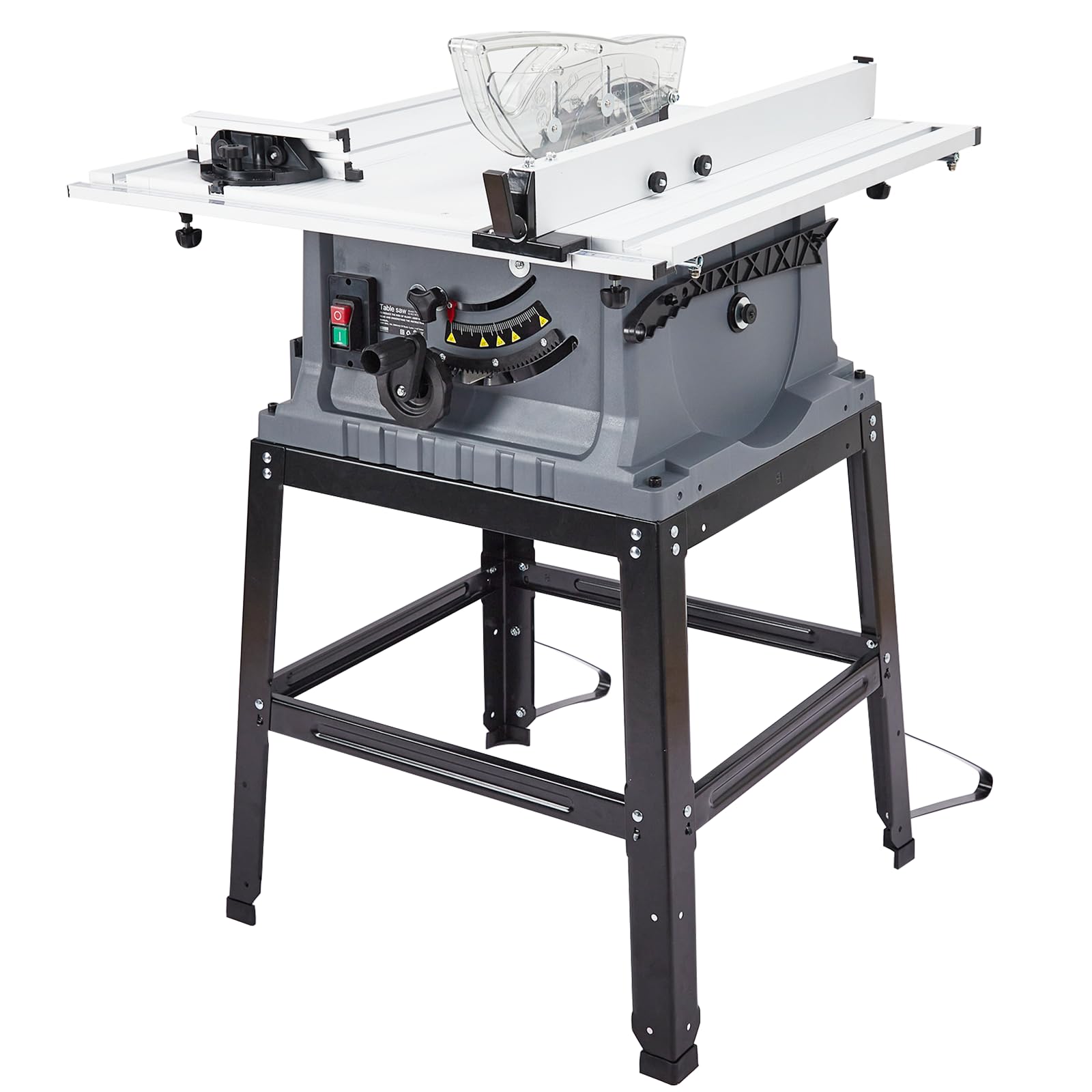 Table Saw, 10 Inch 15A Multifunctional Saw with Stand & Push Stick, 90° Cross Cut & 0-45° Bevel Cut, 5000RPM, Adjustable Blade Height for Woodworking, Grey