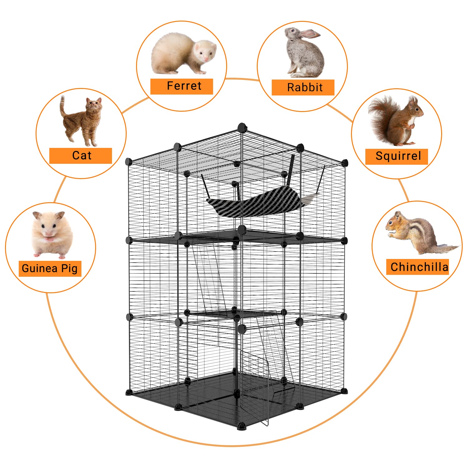 IKARE Cat Cage DIY Indoor Pet Home Small Animal House Detachable Playpen with 3 Doors 3 Tiers for Kitten Puppy Bunny Exercise. (Black，27.6 x 27.6 x 41.3Inch)