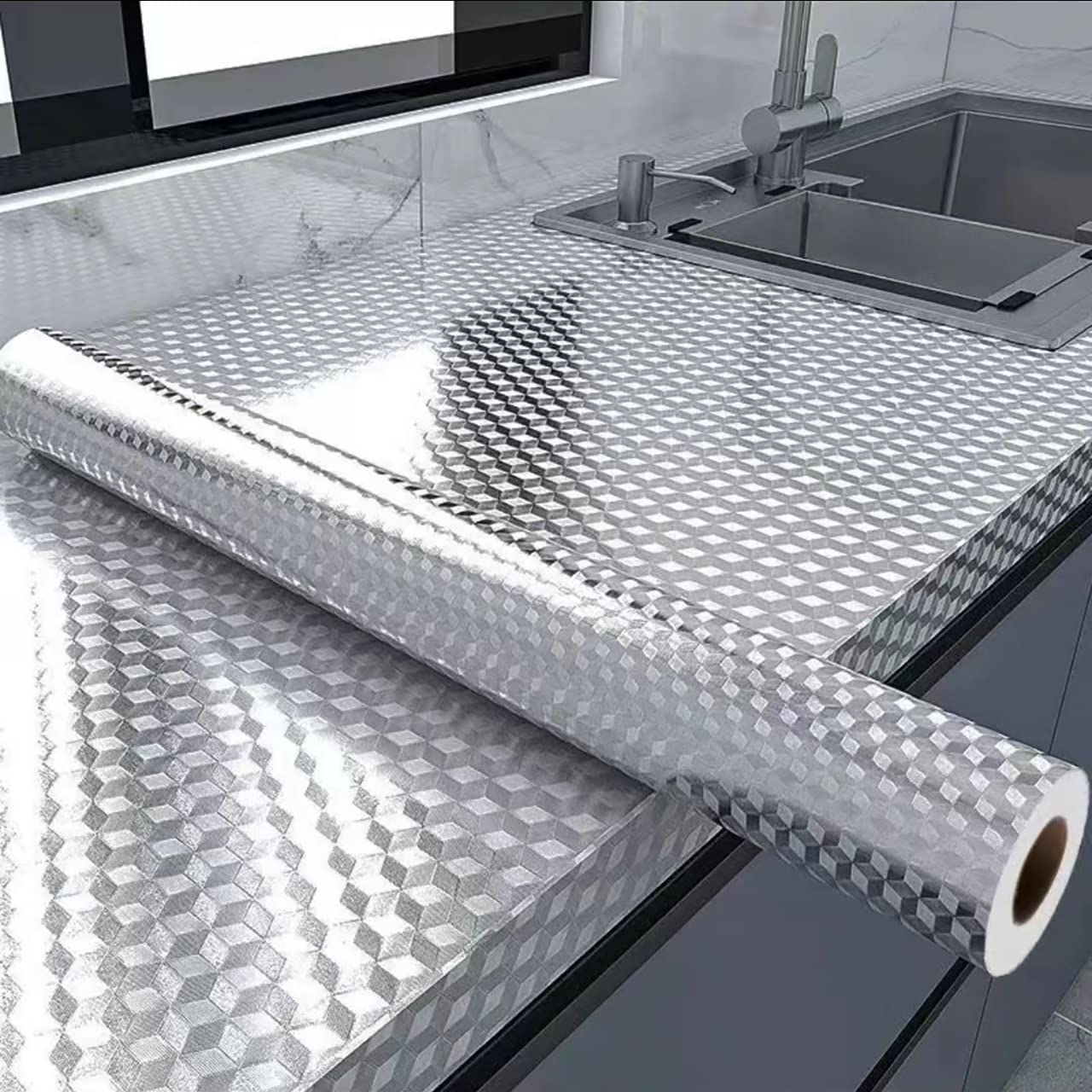 Kitchen Waterproof Oil Proof Aluminum Foil Sticker, Silver Chequer Peel and Stick Wallpaper Removable and Self Adhesive Paper for Kitchen Countertops Desk Cabinet (15.7"x118", Silver Chequer)