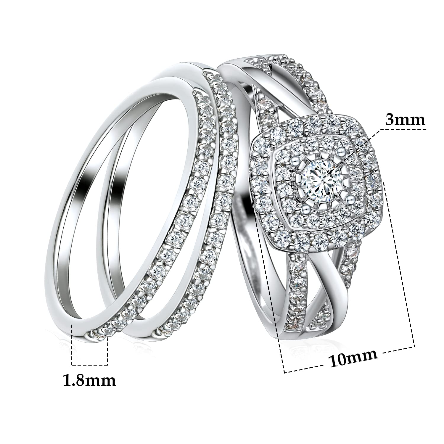 MDFUN Three-in-One Square Halo Wedding Band Set Engagement Ring 18K White Gold Plated Cubic Zirconia Promise Eternity Ring for Women Size 7