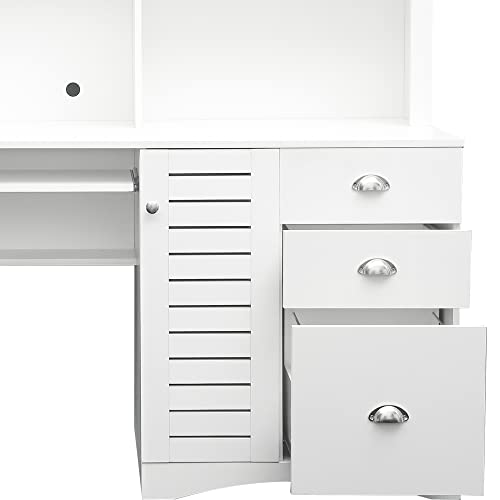 Ucloveria Computer Desk with Hutch,Home Office Wood Executive Desk with Drawers,Open Shelf,Writing Laptop Table with Keyboard Tray,File Cabinet Computer Desk for Bedroom,White