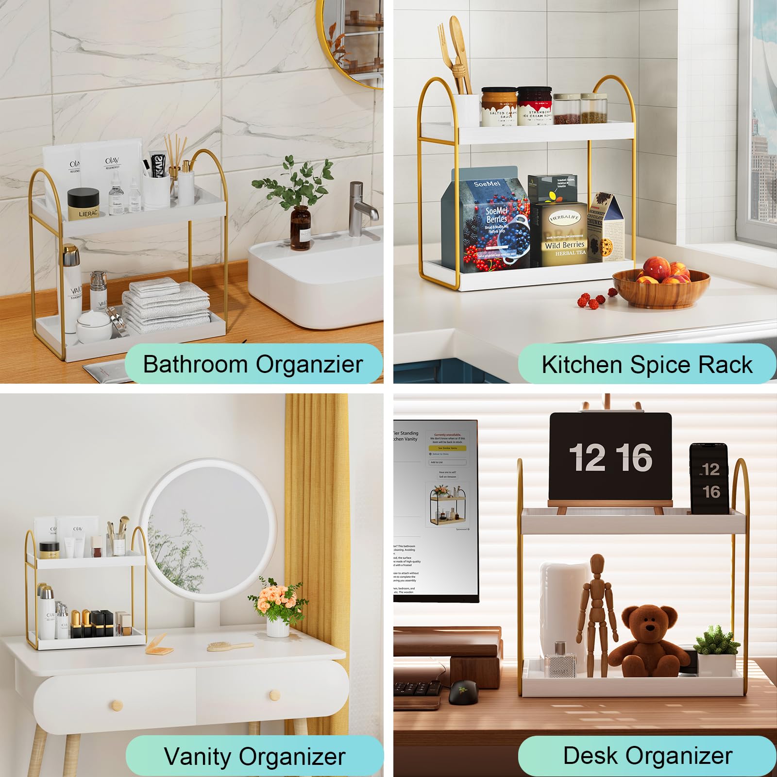 Xeapoms Bathroom Organizer Countertop, 2-Tier Simple Design Bathroom Counter Organizer, Wood Bathroom Tray for Vanity Organizer, Easy Assembly Kitchen Bathroom Countertop Organizer, White-Gold