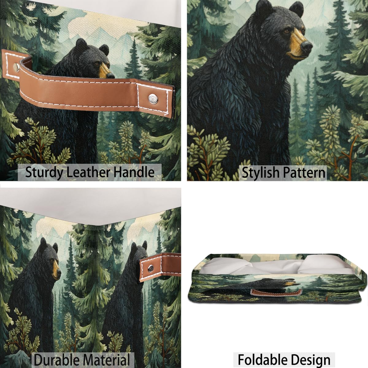 Tablerazzi Black Bear Forest Wild Animals Cube Storage Bin, 13 Inch Collapsible Fabric Storage Cube Bin, Foldable Cube Baskets for Shelf, Closet, Organizer