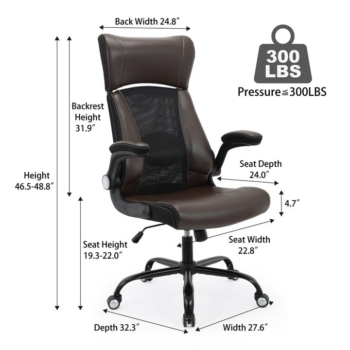 HOME OFFICE CHAIR, Ergonomic Desk Chair with Flip-Up Arm, Office Mesh Chair Leather Computer Chair High Back with Lumbar Support Executive Height Adjustable Rolling Swivel Task