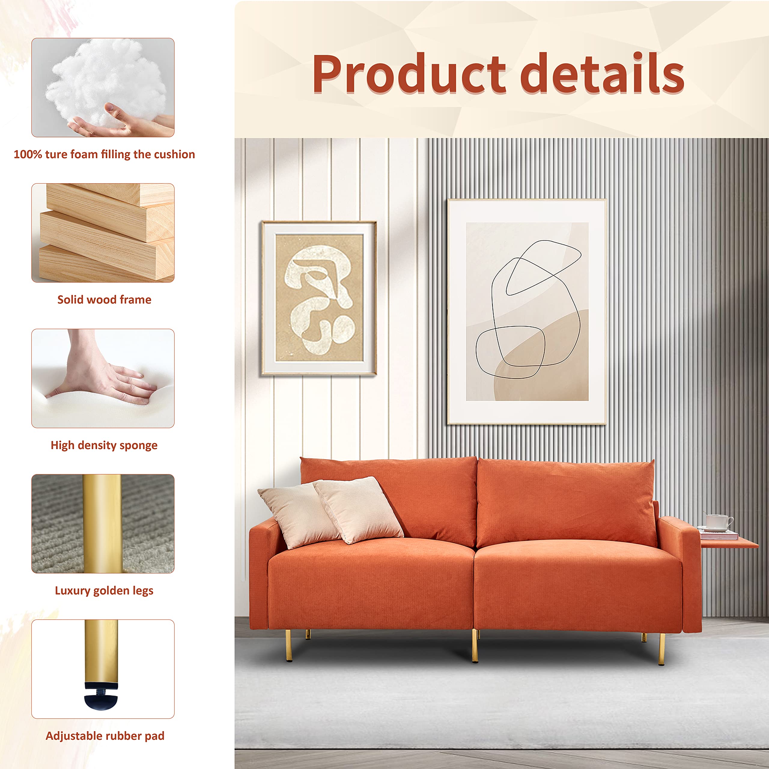 VASOENY 72.8 Inch Loveseat Sofa Couch, Mid Century Modern Linen Fabric Love Seats Sofa, 2 Seater Couches for Bedroon, Living Room, Apartment, Home Office(Orange)