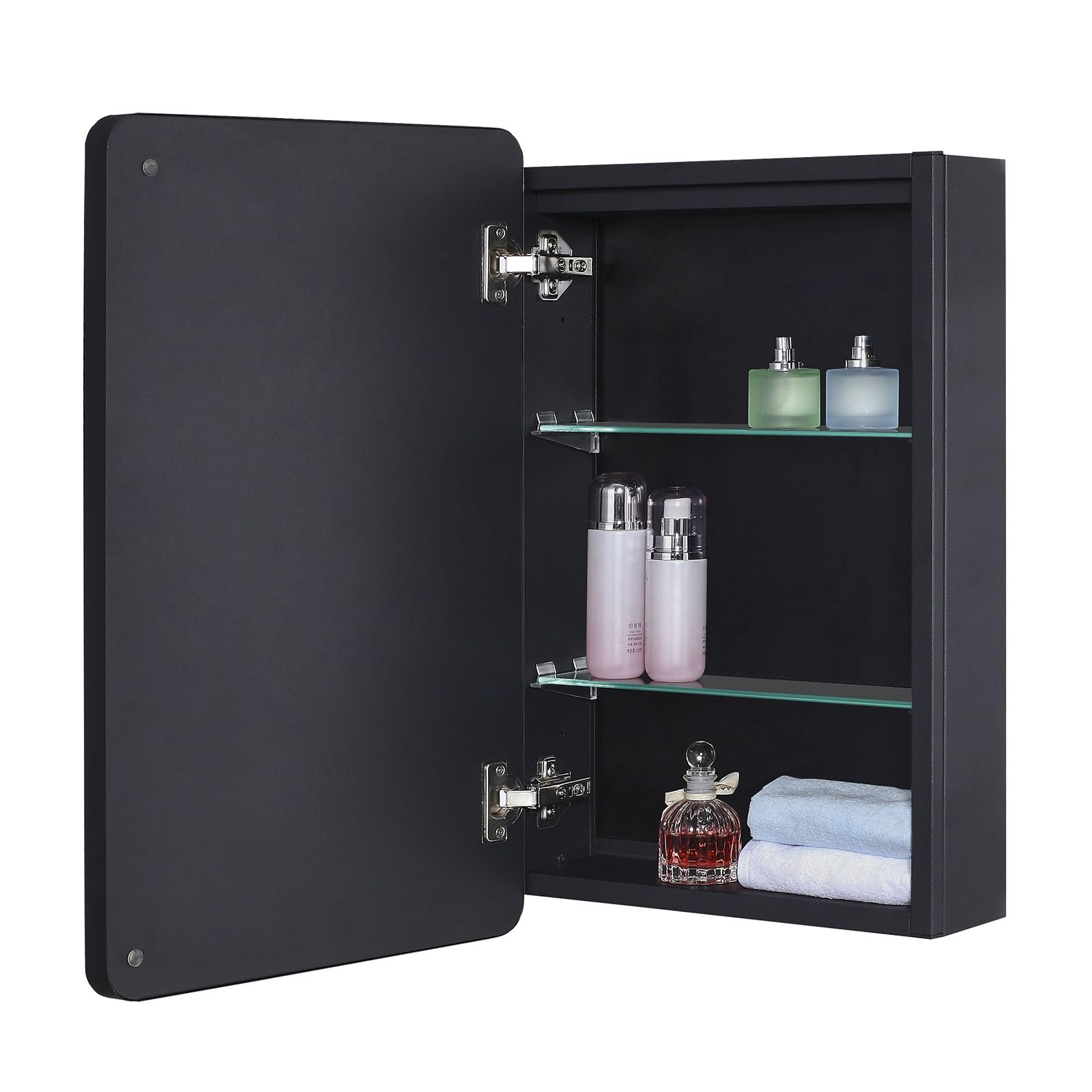 IDYLLOR Lighted Bathroom Medicine Cabinet with Round Corner Framed Mirror Door 15 x 25 inch, Left Hand Opening, Recessed or Surface Mount, with Adjustable Glass shelves