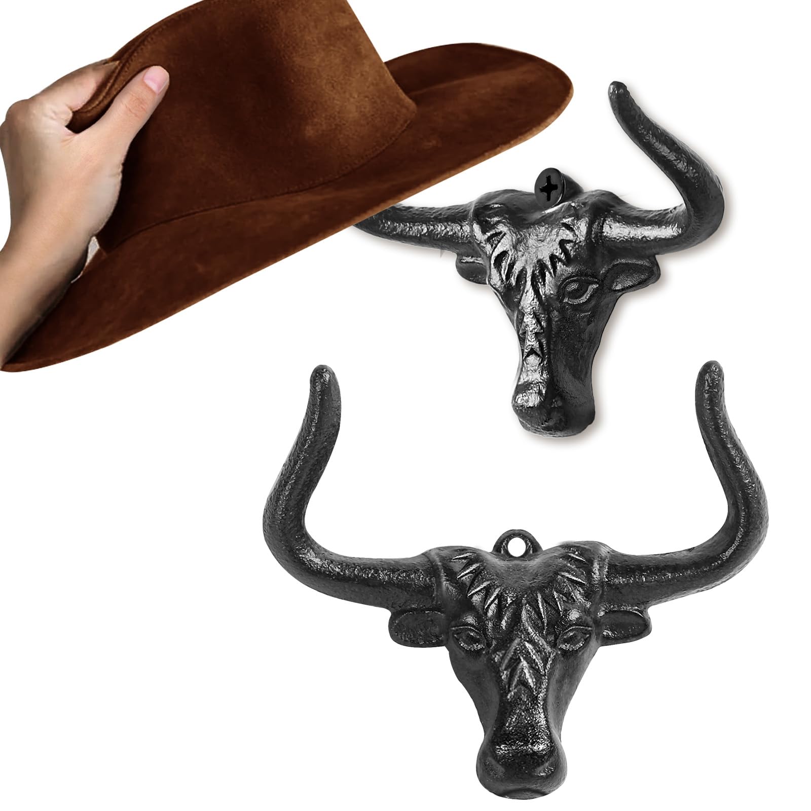 Smelish Cowboy Hat Rack for Wall, 2 Pack Modern Cast Iron Cowboy Hat Holder Cowgirl Hat Hanger, Heavy-Duty Cowboy Hat Holder for Western Walll Decor Storage and Display