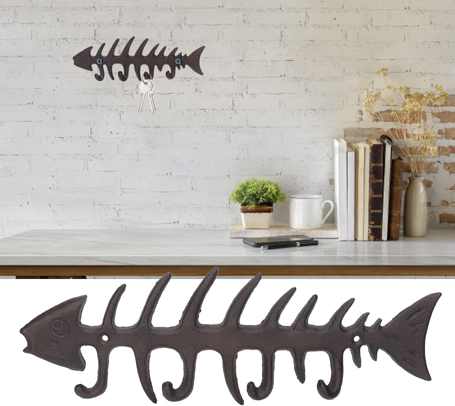 Wusdayer Fish Bones Rack Wall Mounted,Fish Decor Outdoor Towel Hooks,4 Hooks European Style Towel Metal Hand Towel Holder for Home Kitchen (Large)