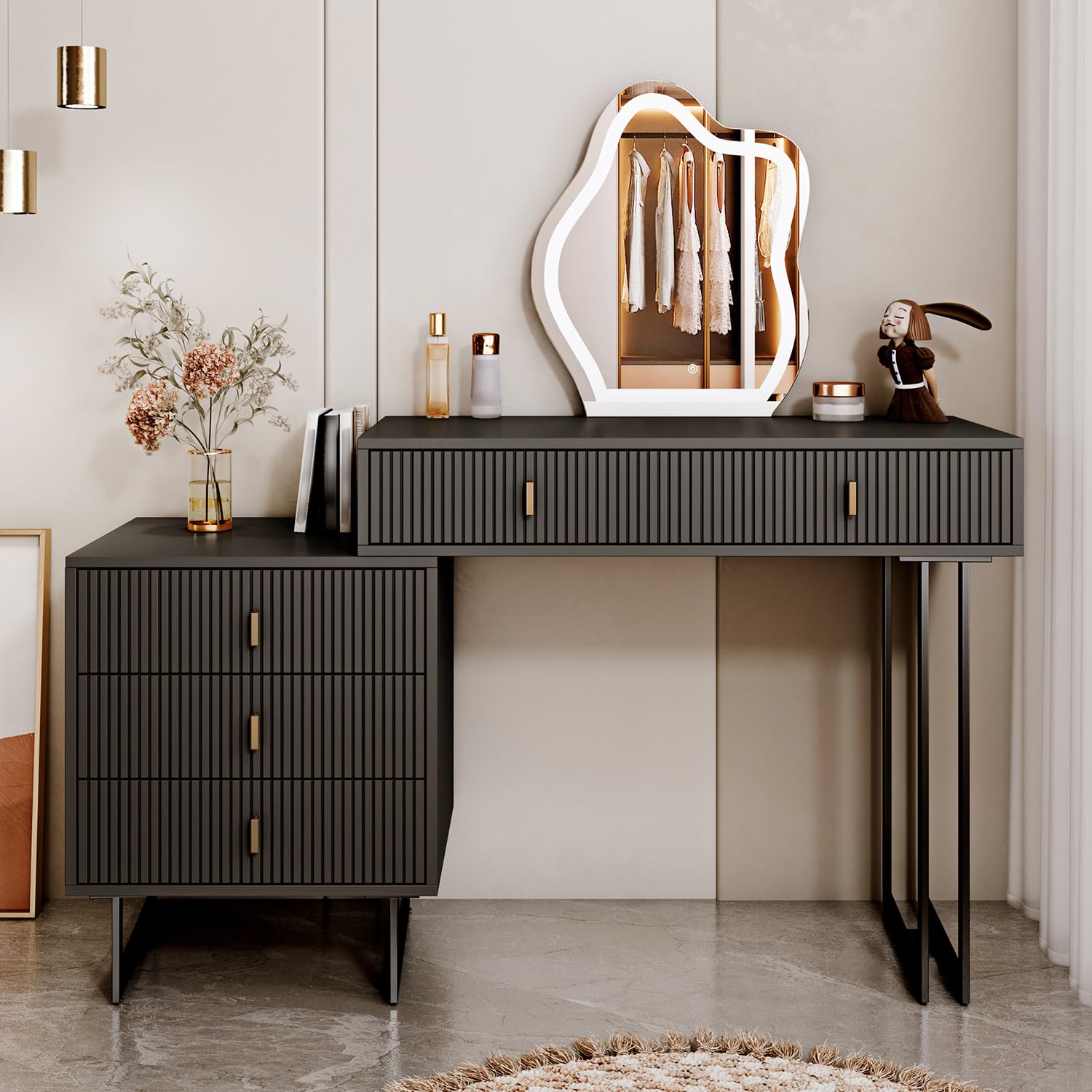 Ieejdn Cream, Vanity Desk with 3 Color Touch Screen Dimming Mirror, Modern Retractable Makeup Dressing Table with Adjustable Cabinet and 2 Sliding Drawers, Vanity Table