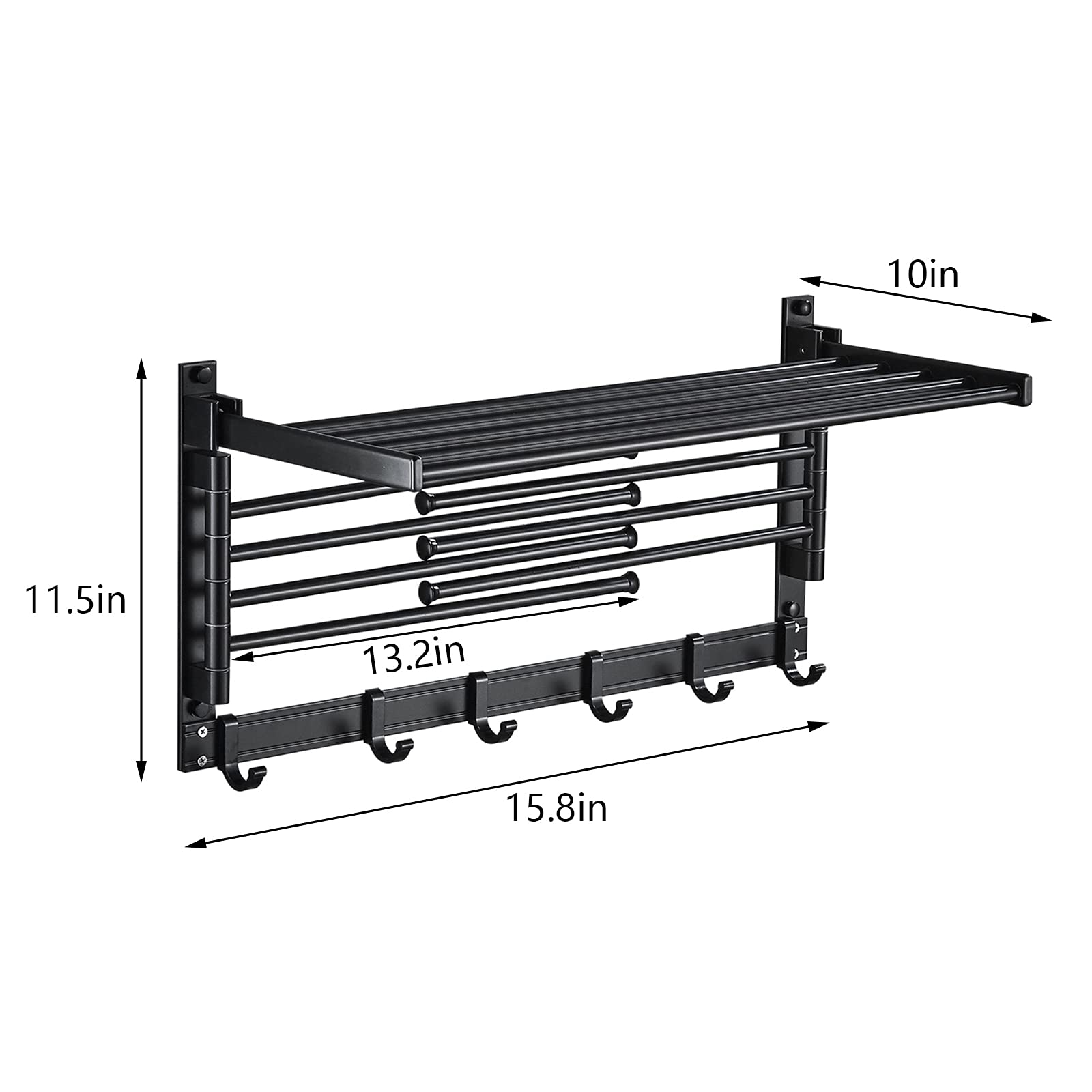 Towel Rack with 7 Towel Bar Holder Foldable Towel Shelf with Movable Hooks Wall Mounted Lavatory Towel Organizer Space Saving Towel Holder Black