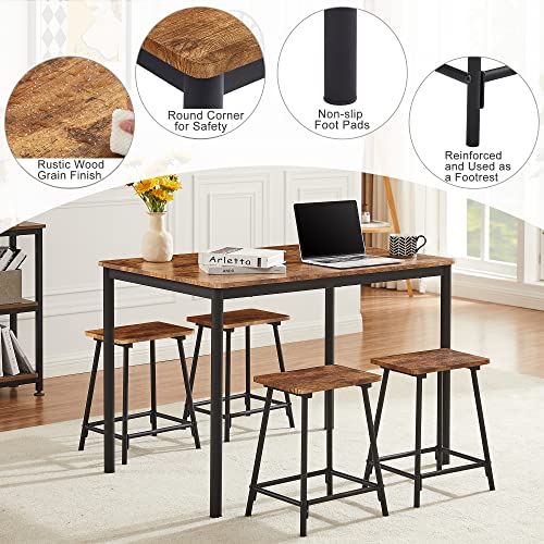 VECELO 5 Piece Dining Table Set for 4-6 Persons Rectangular Bar Dinette Metal and Wood Kitchen Furniture with 4 Stools for Breakfast Nook, Restaurant, Living Room, Space Saving, Industrial Brown