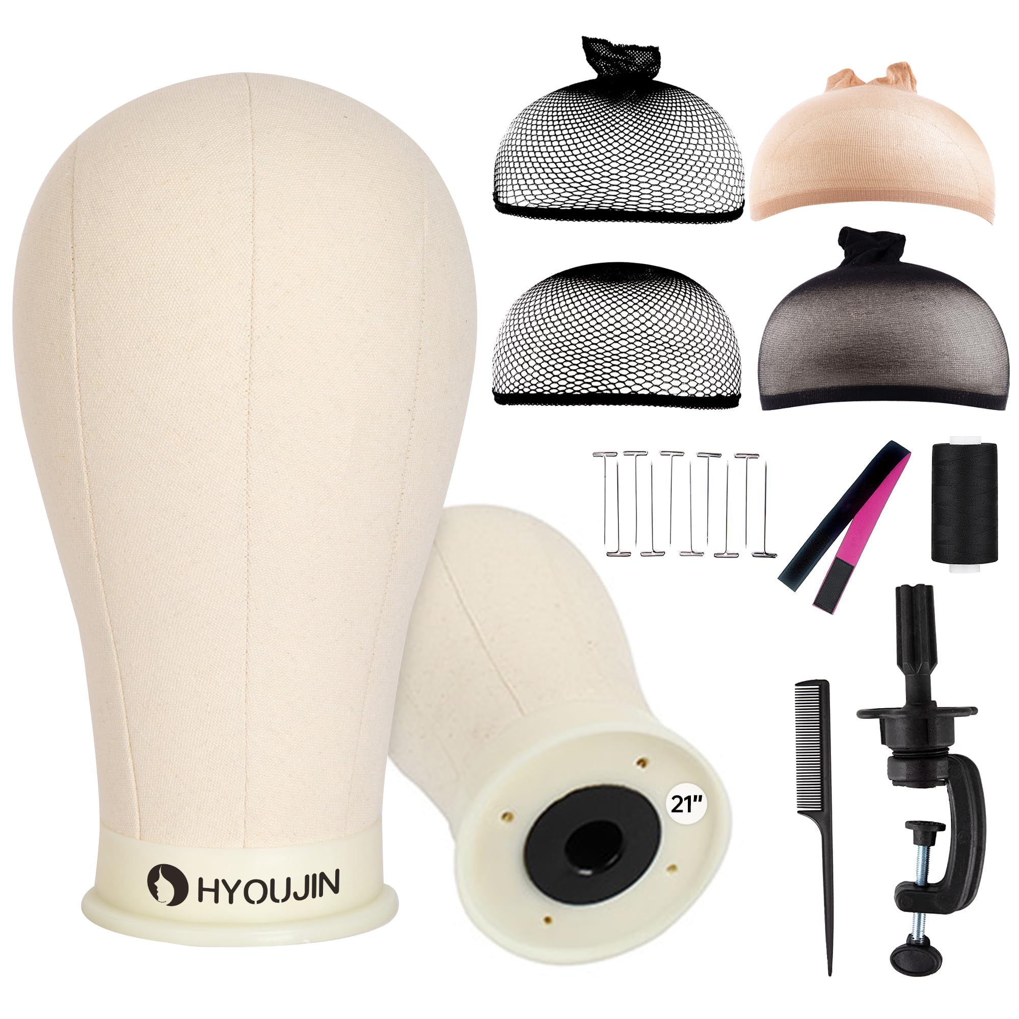 HYOUJIN 22" Canvas Wig Head Cork Block Head Mannequin Head with Mount Hole,come with Table Clamp for Display Styling Wigs Making Kit(Light Brown)