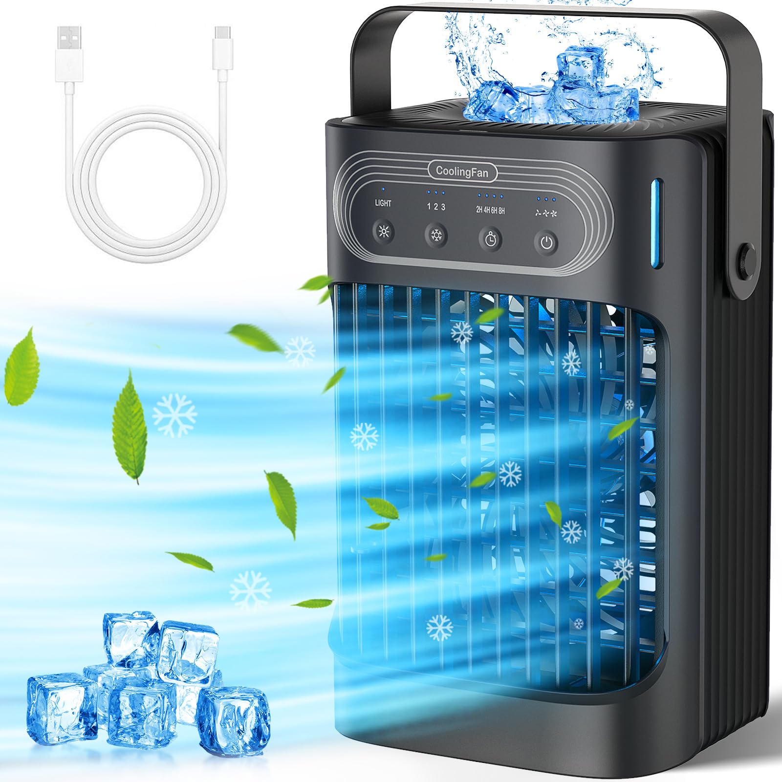 Portable Air Conditioners Cooling Fan, Upgraded Evaporative Mini Air Conditioner Portable with 3 Cool Mist & Speeds, 7 Night Light & 2-8H Timer, Personal Air Cooler for Bedroom Office Camping