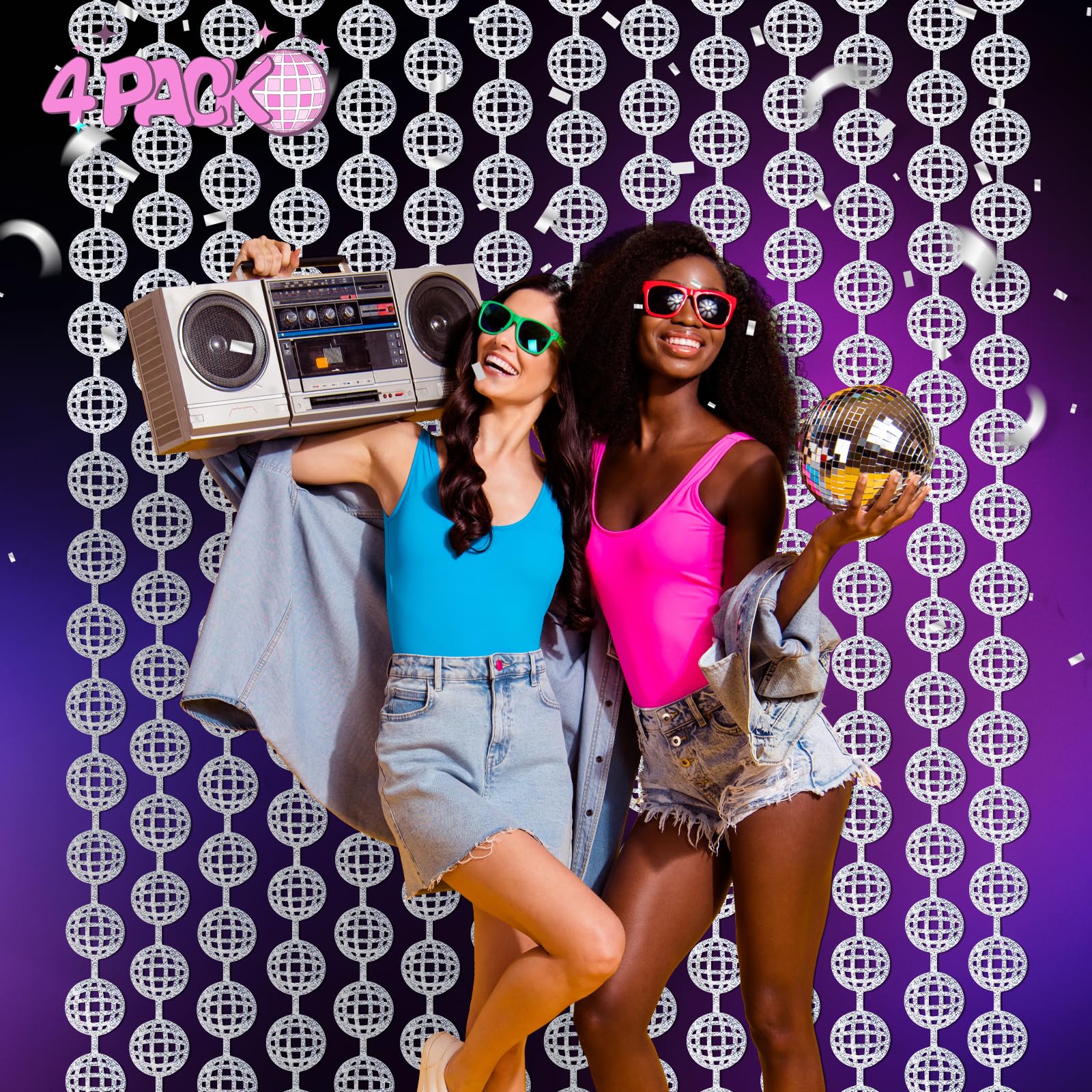 MENSTARSI Disco Party Decorations, 4 Pack Disco Ball Photo Booth Props,3.3x6.6 ft Silver Foil Fringe Curtains Photo Backdrop for The 70s & 80s Last Disco Bachelorette, Decades, Taylor Party Decor
