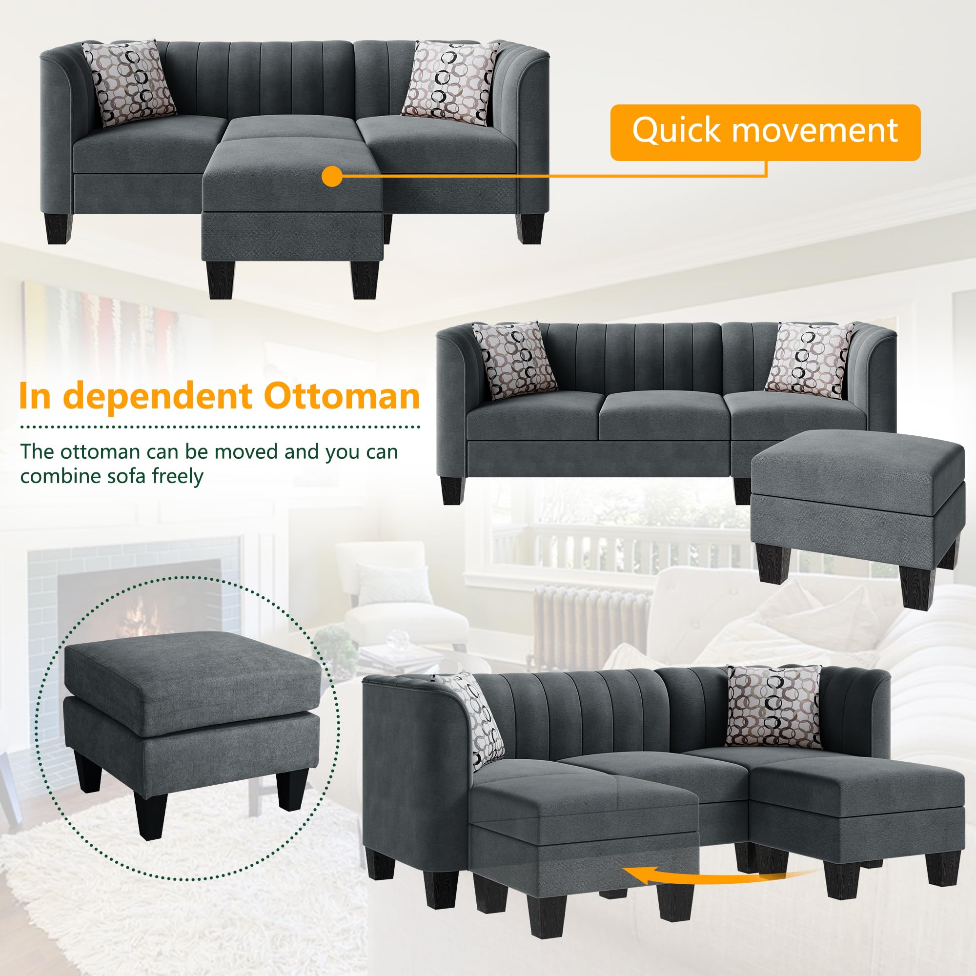 Shintenchi Upgraded Convertible Sectional Sofa Couch, 3 Seat L Shaped Sofa with High Armrest Linen Mid Century Fabric Small Couch for Living Room, Apartment and Office (Charcoal)
