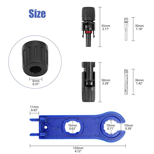 PRECIHW 12 Pairs Solar Panel Cable Connectors, Multi-Contact 4 Solar Connectors, IP67 1000V 30A Waterproof Male/Female Solar Panel Cable Connectors for 2.5/4/6mm² with 2 Pack Wrenches