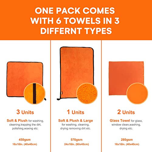 TIIKERI Super Microfiber Towels 6PCS for Cars Washing Polishing and Window Cleaning Supplies etc Multi-Purpose Use
