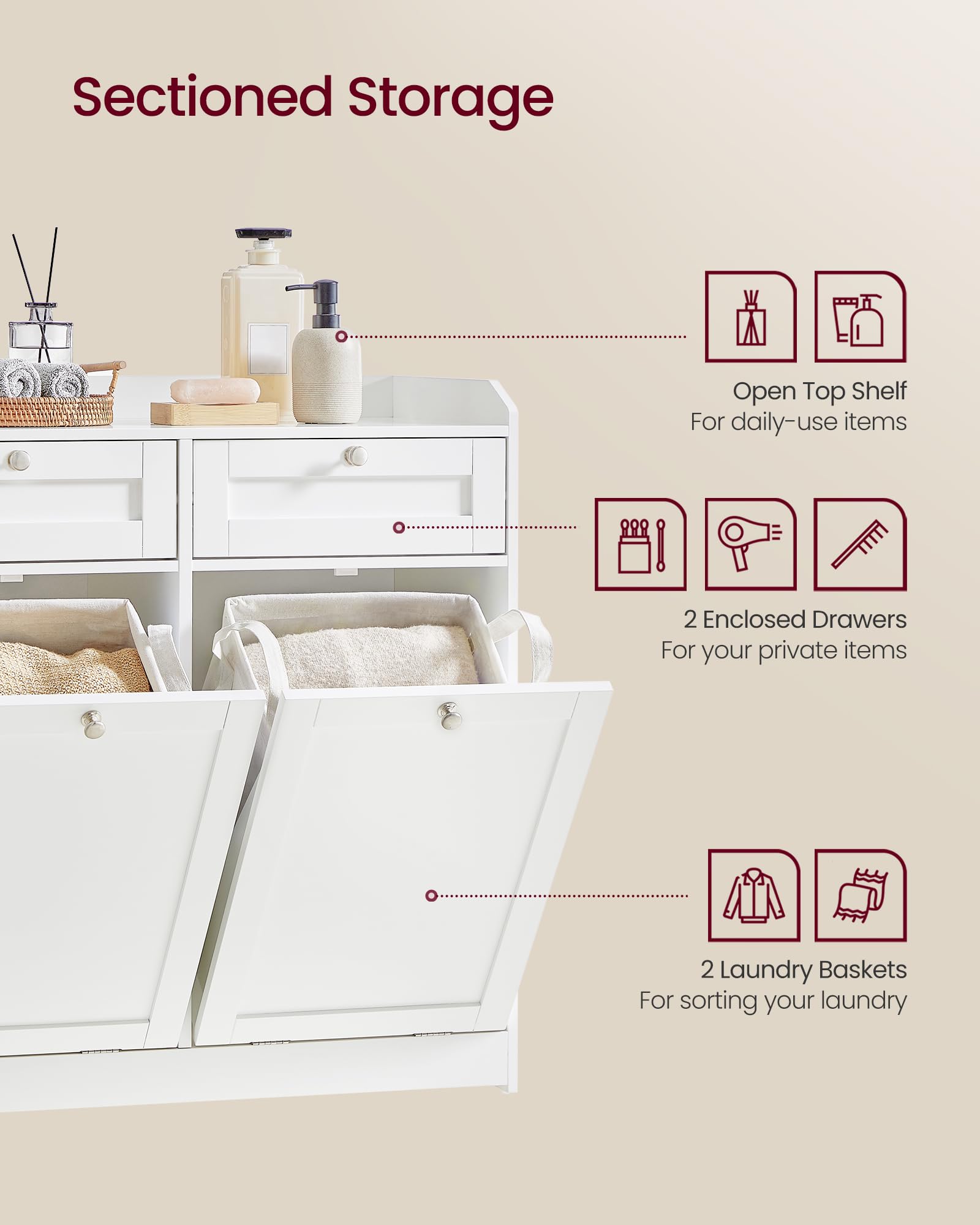 VASAGLE Bathroom Laundry Cabinet with Basket, with 2 Drawers and 2 Hidden Laundry Hampers, Freestanding, Tilt-Out Laundry Baskets with Handles, 15.8 x 31.1 x 31.5 Inches, Cloud White UBBC751W01