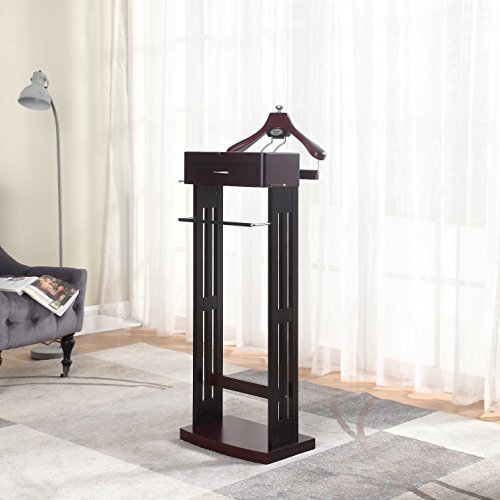 Proman Products Norstar Suit Valet Stand VL36245 with Detachable Hanger, Trouser Bar, Tie Bars, Mirror Tray & Drawer, 20βW x 15β D x 49βH, Mahogany