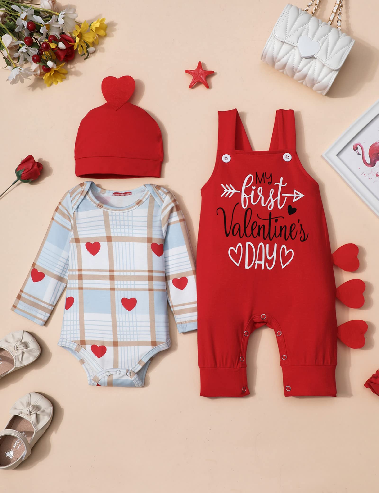 Tomolant toddler boy valentines day outfit love pattern plaid long sleeve romper +red jumpsuit +hat 3PCS valentines boy outfit