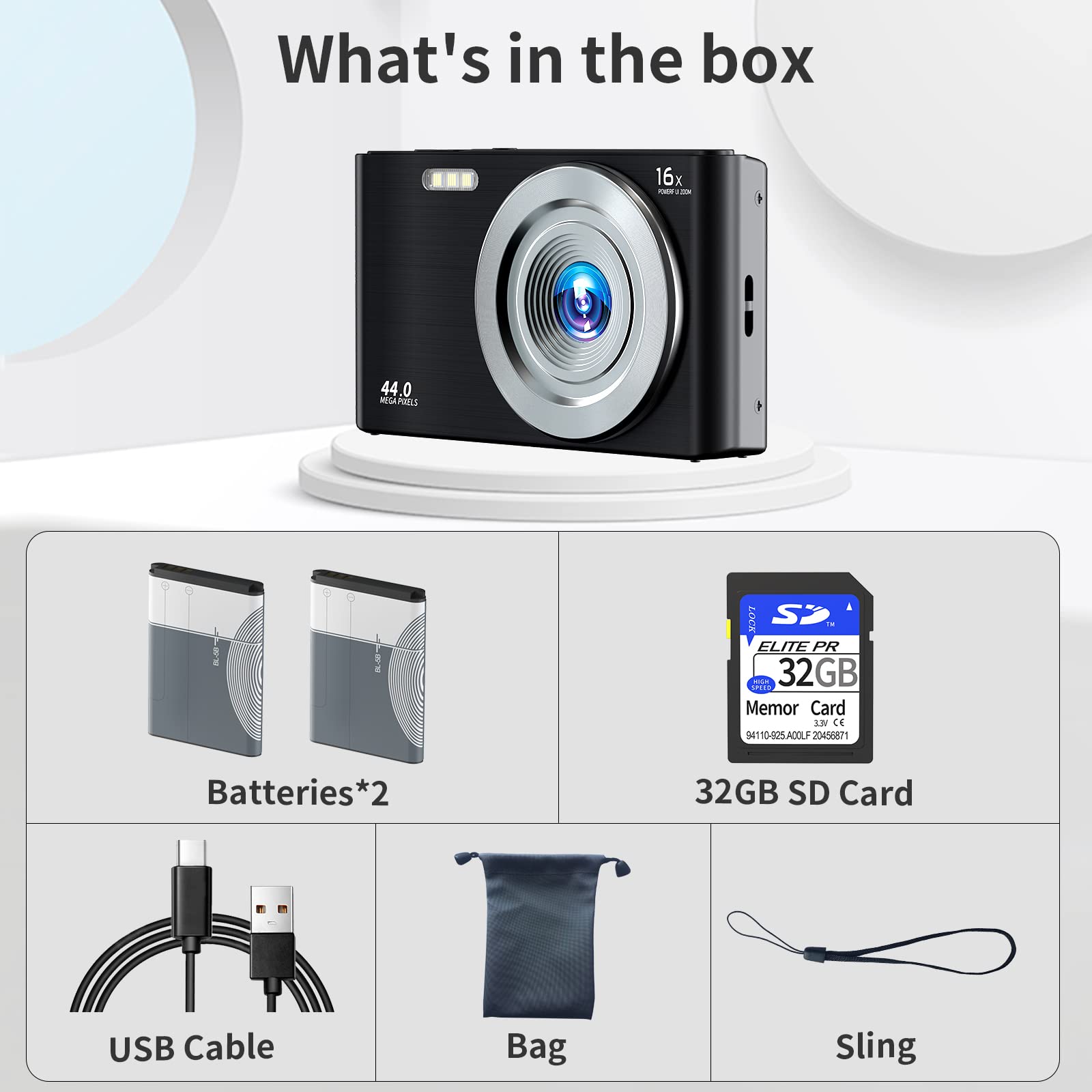 Saneen Digital Camera,2.7k 44MP Kids Camera for Girls and Boys with 16X Digital Zoom, Small & Compact Digital Camera for Kids,Teens,Beginner with 32GB Card - Black