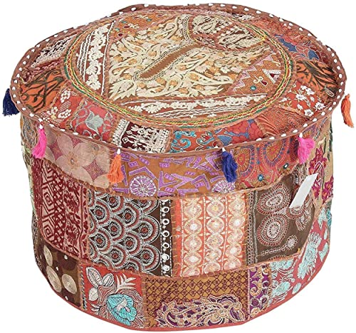 KLAVATE Indian Hippie Vintage Cotton Floor Pillow & Cushion Patchwork Bean Bag Chair Cover Boho Bohemian Hand Embroidered Handmade Pouf Ottoman (Brown, 13" H x 18" Diam.(inch))