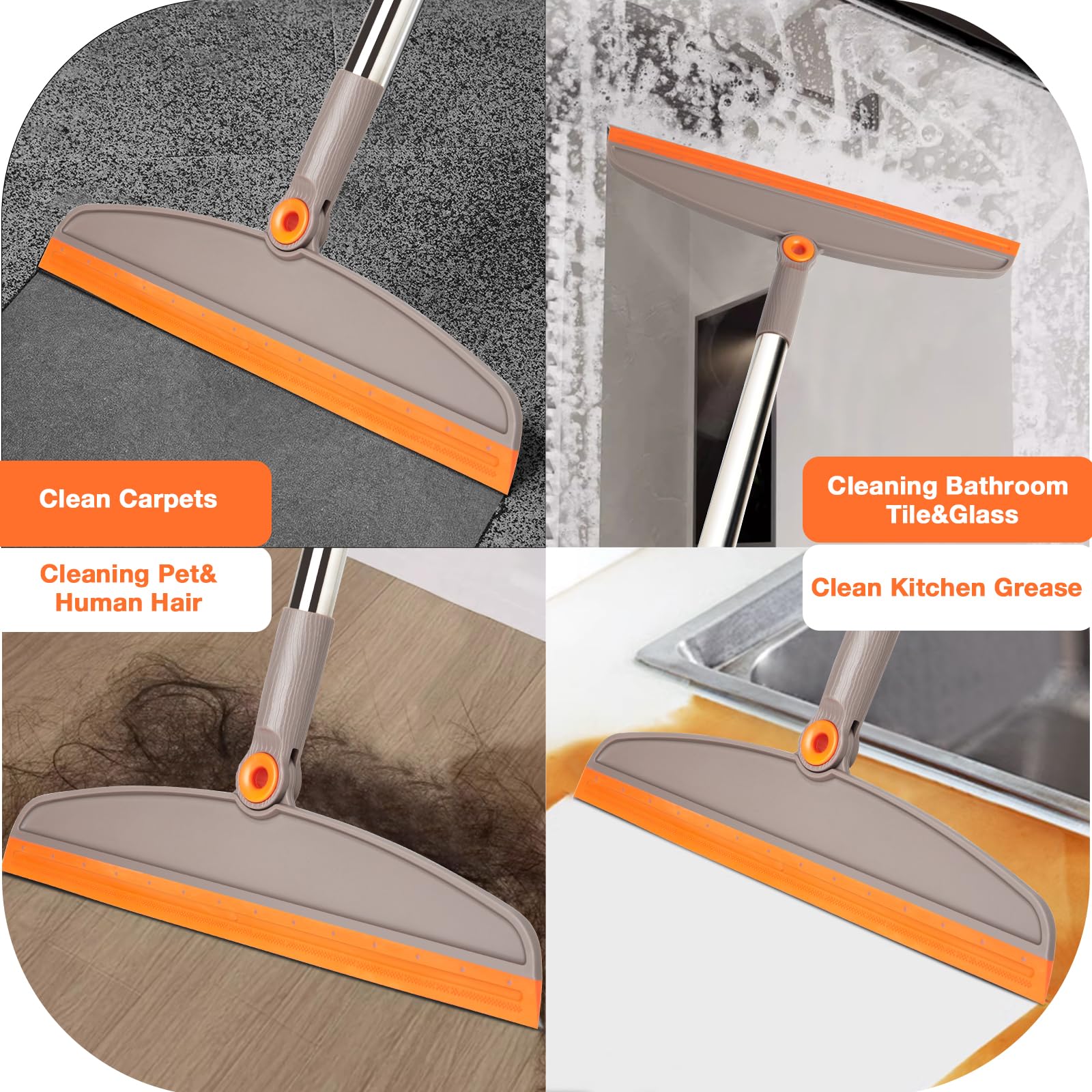 XXFLOWER Silicone Air Broom,Multifunction Magic Broom with Long Handle,Adjustable Rubber Squeeze Broom Sweeping Water,Pet Hair Remover for Carpet,Kitchen,Concrete Floor,Bathroom Tile(Grey Orange)