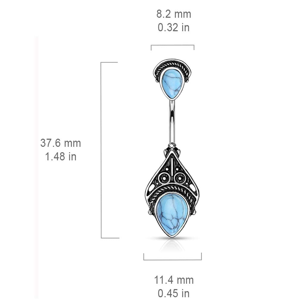 MoBody 14G Vintage Filigree with Semi Precious Stone Belly Button Ring Surgical Steel Curved Navel Barbell Body Piercing Jewelry (2 Pack Turquoise)