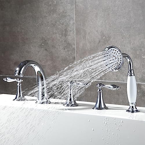 WuDLi Bath Mixer Tap 5 Hole Deck Mount Bath Shower Tap, Bathtub Mixer Tap with Pull Out Handheld Shower