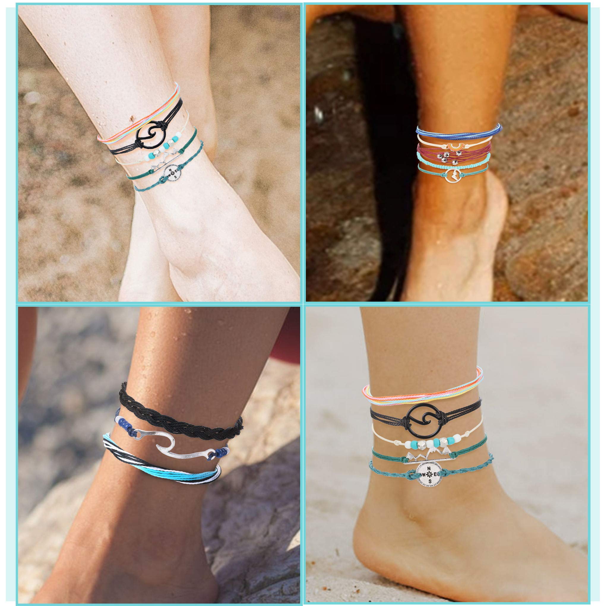 LOYALLOOK 20PCS Beach Wrap Vsco Bracelets Ocean Wave Strand Bracelets Waterproof Handmade Friendship Bracelets Braided Rope Bohemian Anklet Bracelet Adjustable