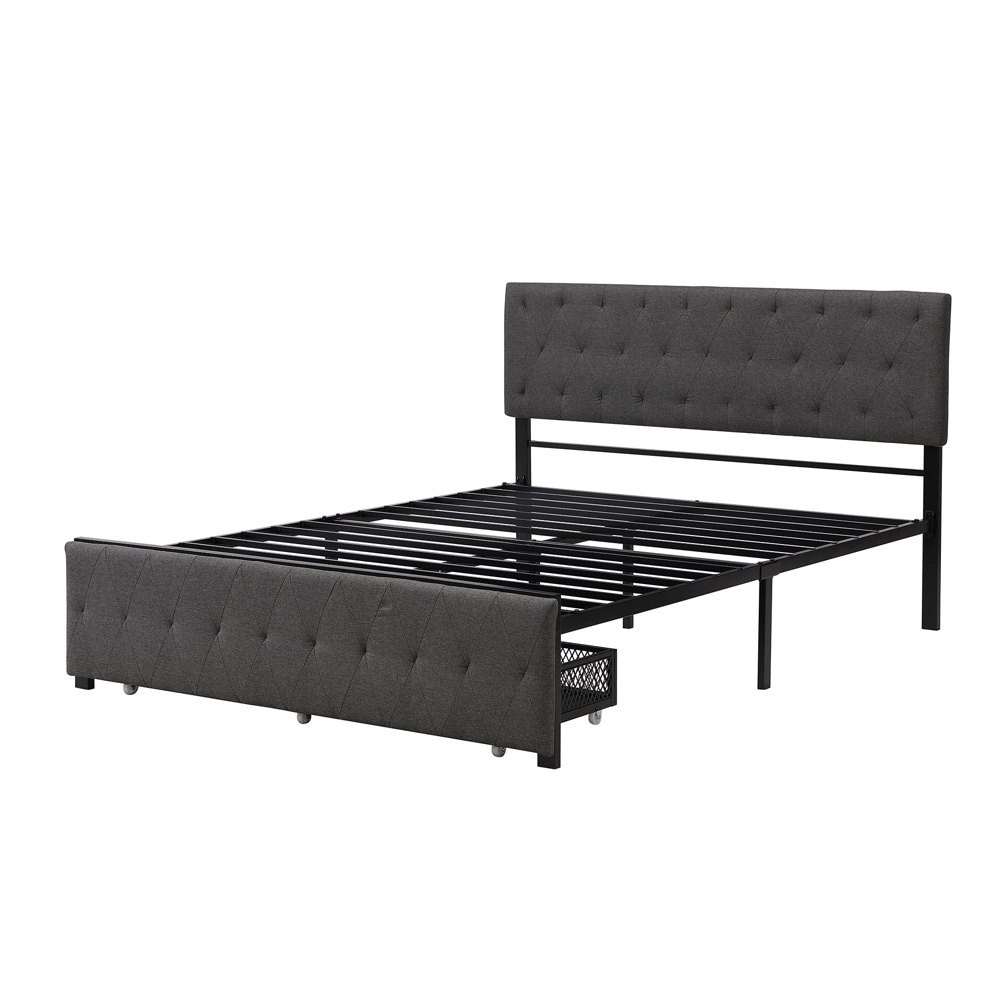 TARTOP Queen Size Upholstered Platform Bed with Storage Drawer, Metal Queen Bed Frame with Headboard,No Box Spring Required,Gray