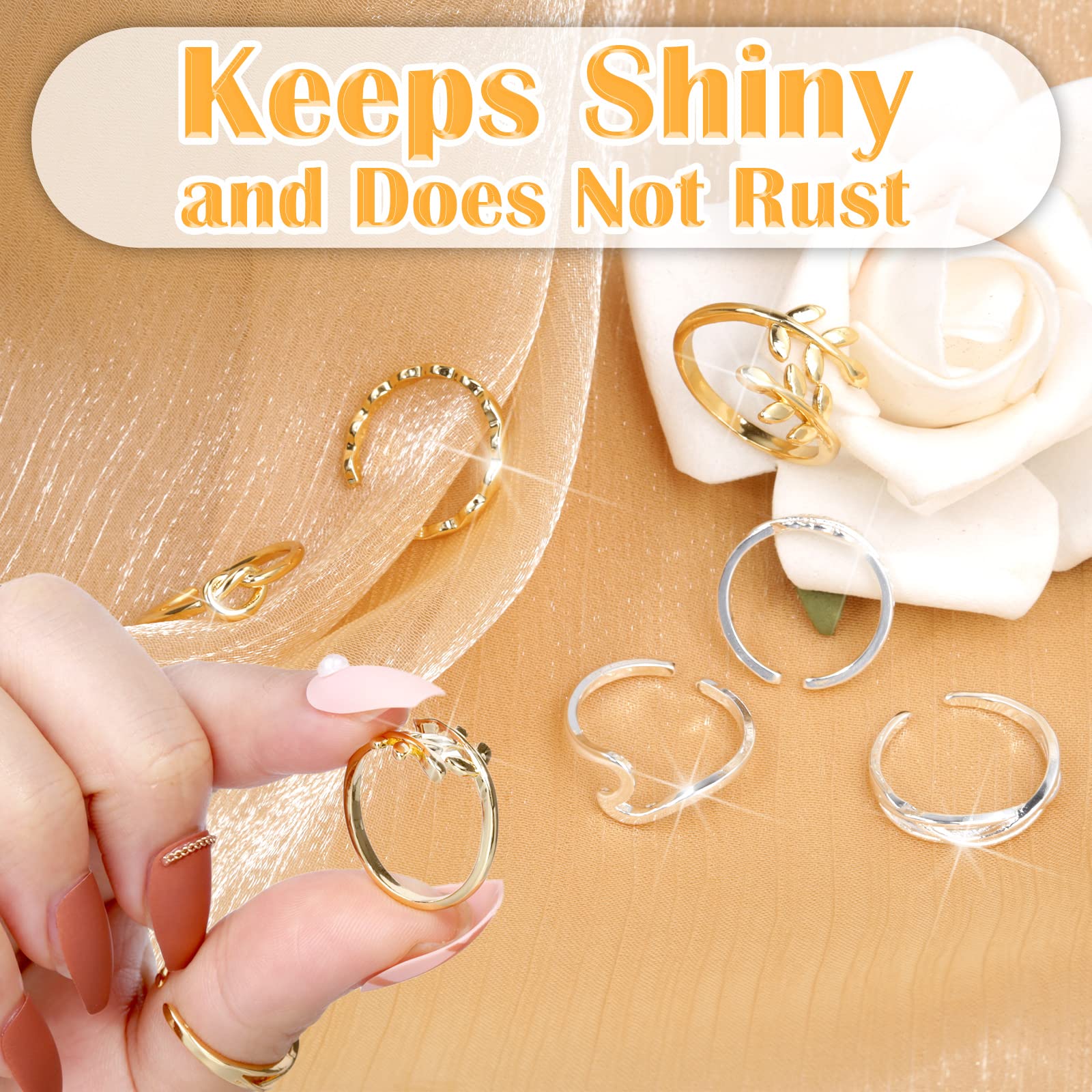 Modacraft 24Pcs Knuckle Stacking Rings for Women Teen Girls, 14K Silver Gold Plated Adjustable Stackable Rings Arrow Knot Wave Rings Thumb Midi Finger Rings Pack