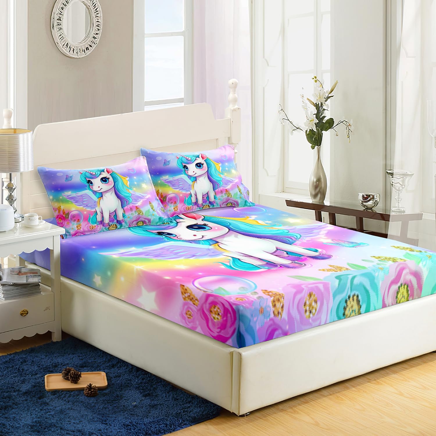 XYNHML Kid Unicorn Fitted Sheet Set Twin Size Rainbow Flower Star Pattern Kid Bed Sheet Cute Unicorn Butterfly Bedding Set for Boys Girls Includes 1 Fitted Sheets & 2 Pillowcases No Flat Sheet