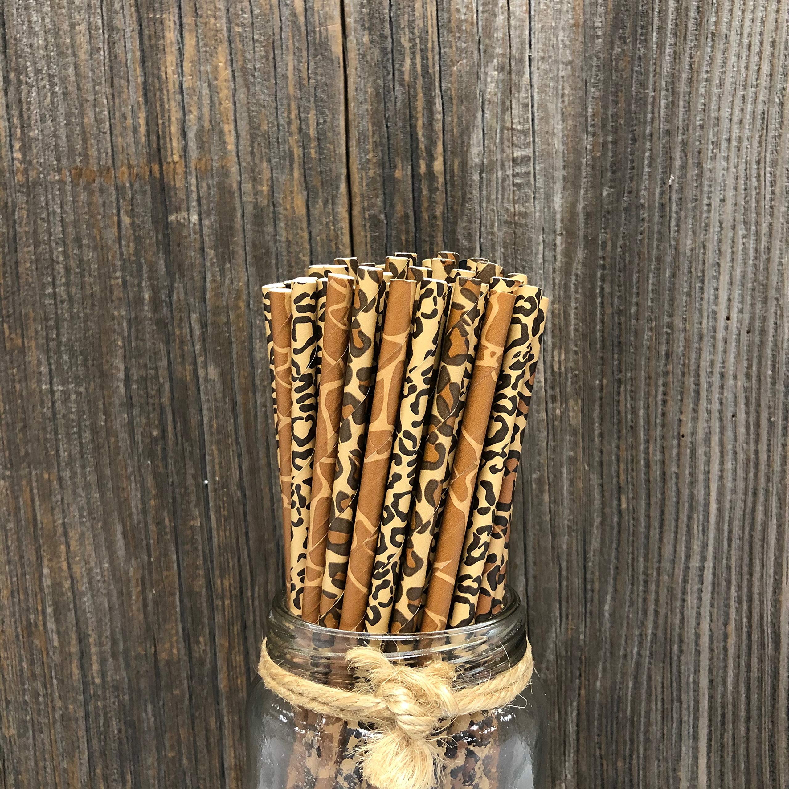 Outside the Box Papers Safari Theme Animal Print Paper Drinking Straws 7.75 Inches 75 Pack Black, Brown, Tan